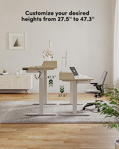 BANTI 55 x 24 Inch Electric Standing Desk with 3 Drawers, Adjustable Height Stand Up Desk, Sit Stand Home Office Desk with Storage Shelf, Light Walnut Top