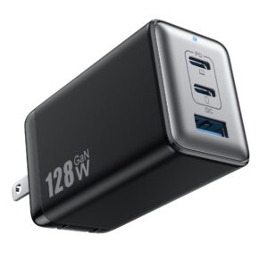 128W USB C Wall Charger,GaN III 3-Port Fast Charging Station,PD QC Foldable Charger Block Portable 65W Laptop Adapter for MacBook Pro/Air,iPad Pro,Galaxy S23,Dell XPS 13,iPhone 15/Pro etc Black