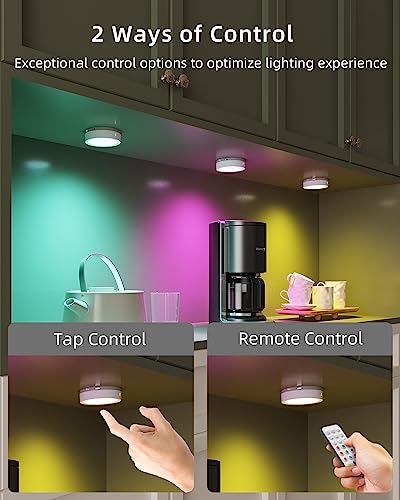 Rechargeable Color Changing Puck Lights, 1600mAh Battery Powered Tap Light with Remote Magnetic Push lights Stick On Closet Lights Wireless LED USB Shelf Light RGB Under Cabinet Touch Lights Classroom