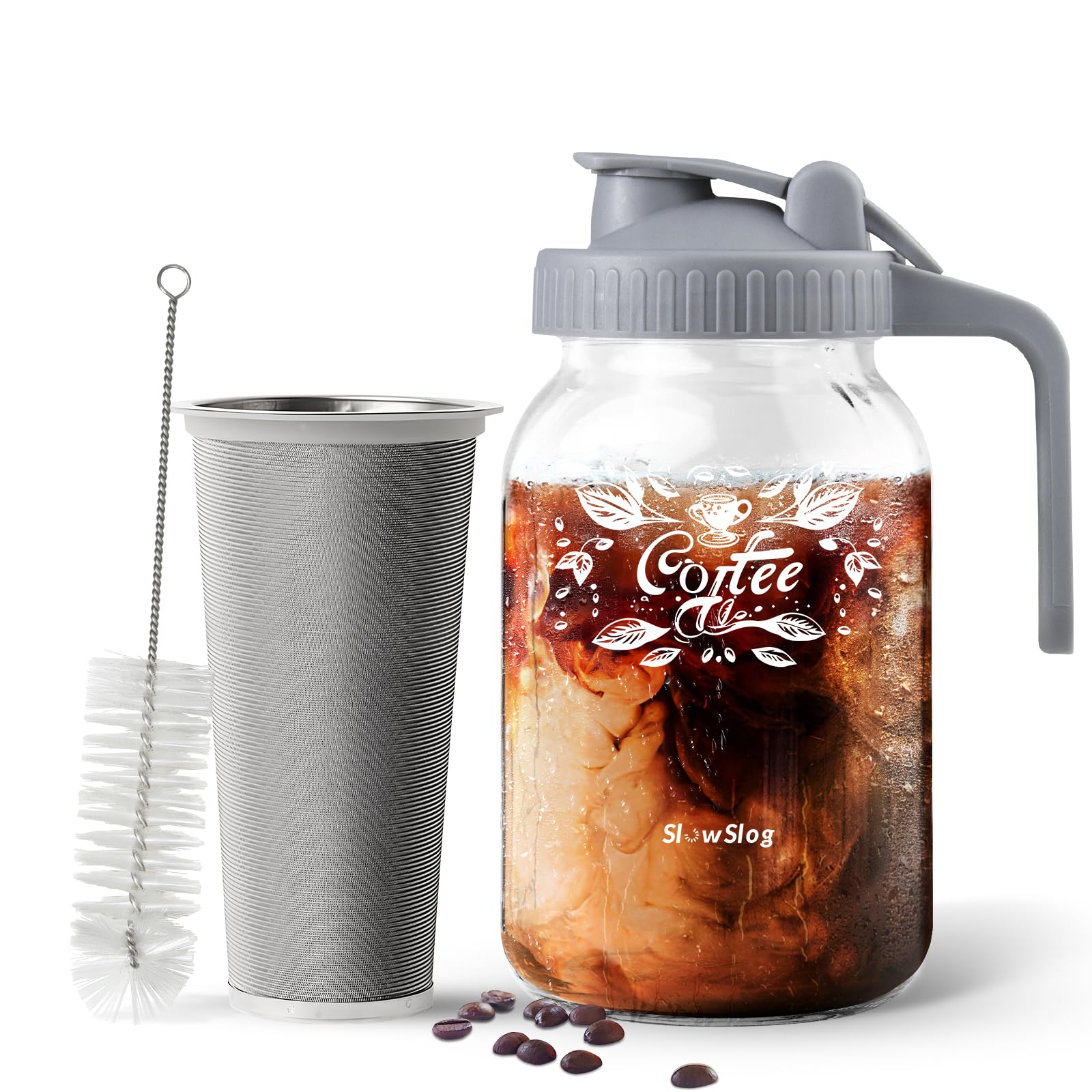 Slow Slog Cold Brew Coffee Maker, 32oz Cold Brew Mason Jar Pitcher with Lid, Iced Coffee Maker, Cold Brew Pitcher with Stainless Steel Filter for Iced Tea, Sun Tea, Leak Proof