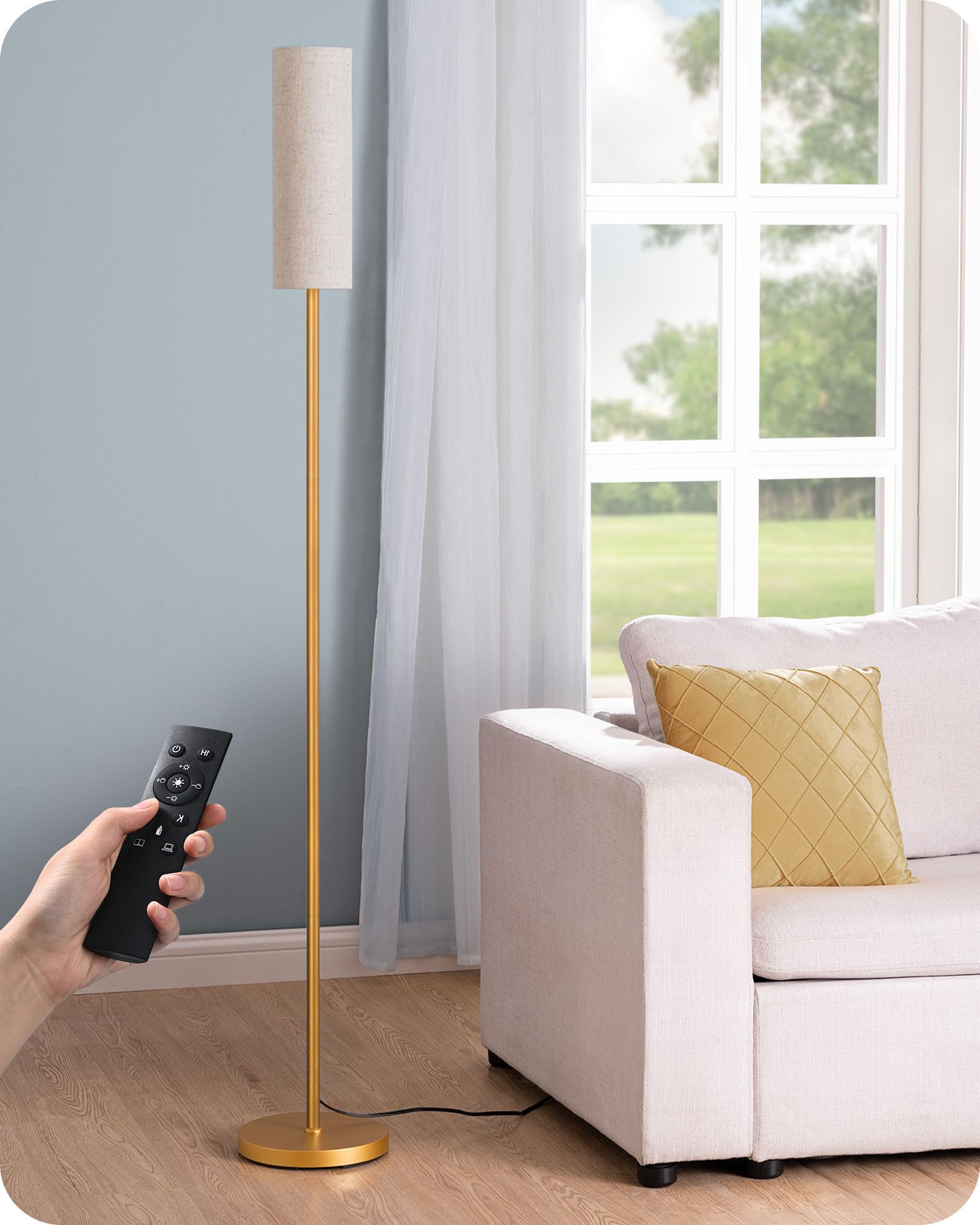 EDISHINE LED Corner Floor Lamp for Living Room, 65" Tall Standing Reading Lamp with Remote, Minimalist Dimmable Pole Lighting for Bedroom, Office, Kids Room, 9W Bulb Included, 2700K-6000K (Gold)