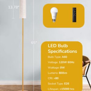 EDISHINE LED Corner Floor Lamp for Living Room, 65" Tall Standing Reading Lamp with Remote, Minimalist Dimmable Pole Lighting for Bedroom, Office, Kids Room, 9W Bulb Included, 2700K-6000K (Gold)