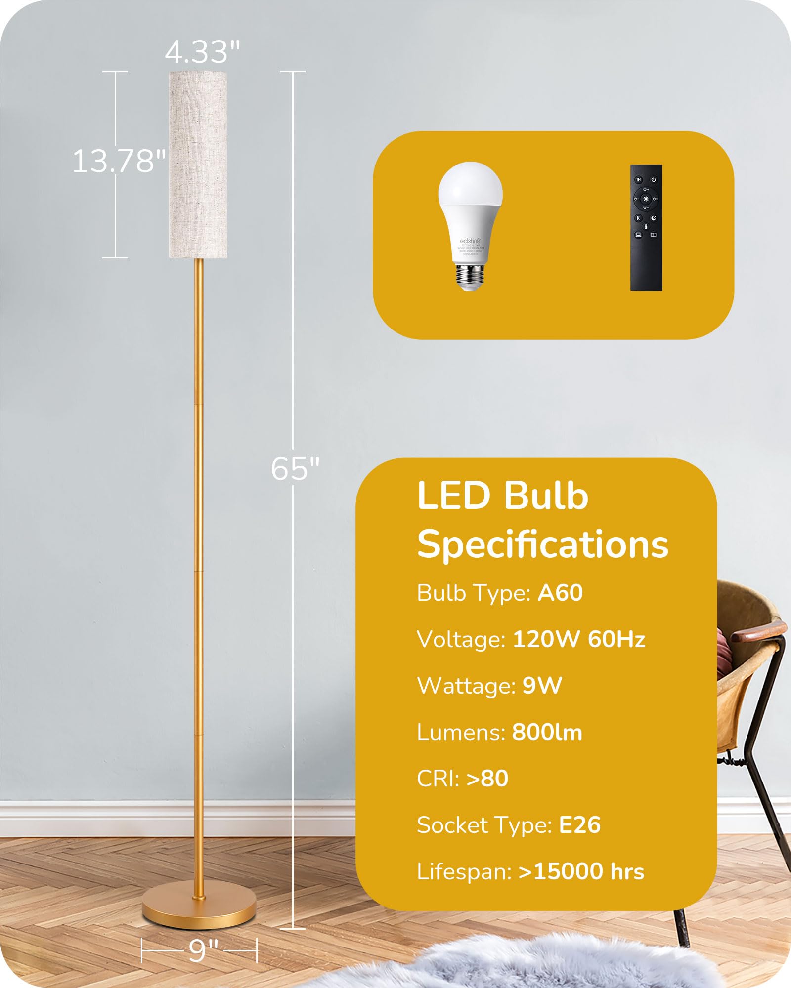 EDISHINE LED Corner Floor Lamp for Living Room, 65" Tall Standing Reading Lamp with Remote, Minimalist Dimmable Pole Lighting for Bedroom, Office, Kids Room, 9W Bulb Included, 2700K-6000K (Gold)