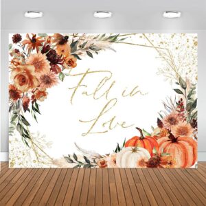 mocsicka fall in love bridal shower backdrop boho autumn leaves pumpkin bride shower background terracotta flower pampas grass wedding party banner decoration (white, 7x5ft(82''x60''))