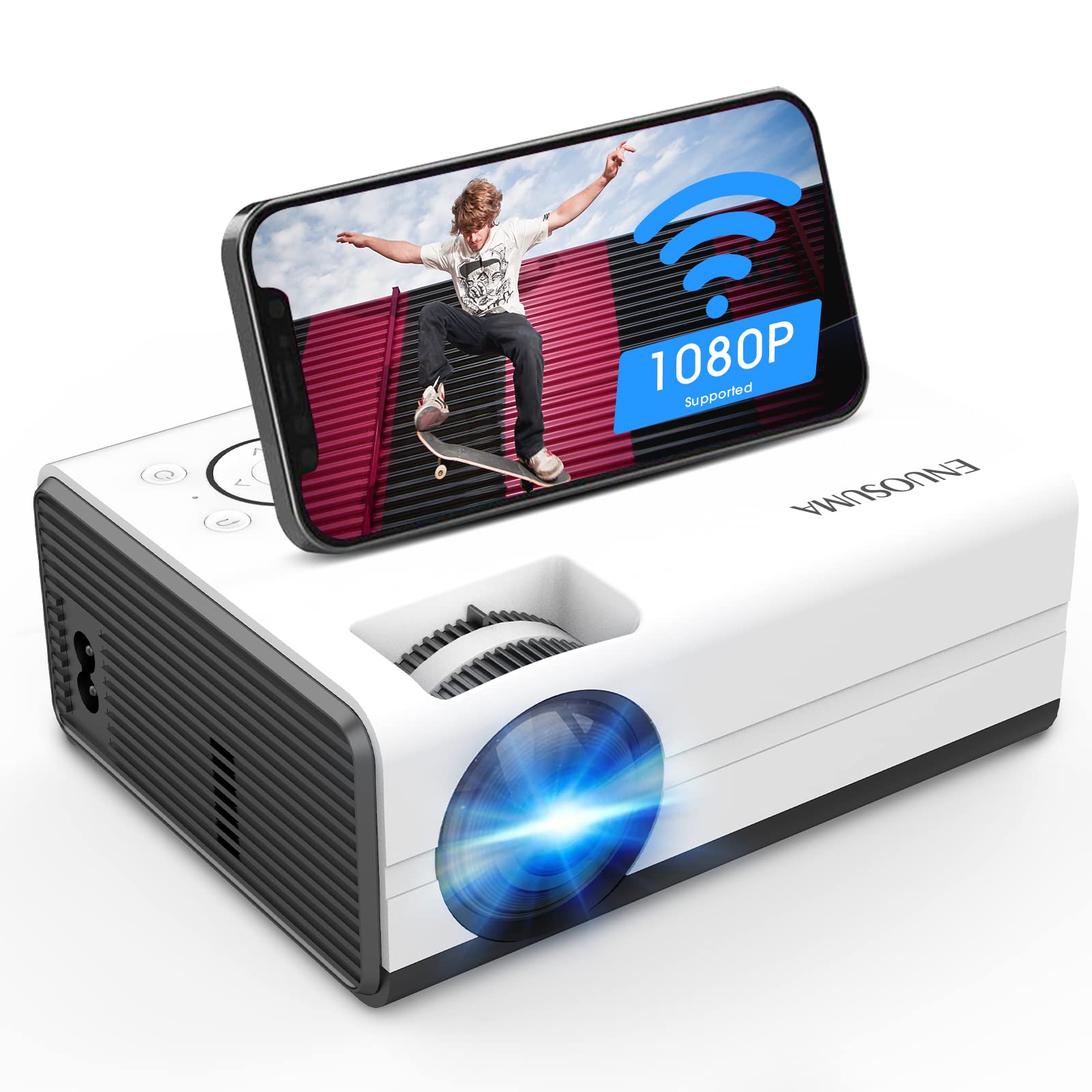 ENUOSUMA Mini WiFi Projector 7500L, 2023 Upgrade Portable Video Projector with Synchronize Smartphone Screen for Home Outdoor, Movies Projector Support 1080P, Compatible with iOS/Android/HDMI/USB/AV