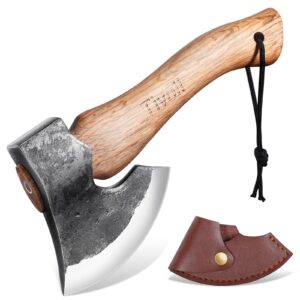 tivoli 9-inch small hatchet camping axe, small bushcraft axe for chopping wood, survival axes and hatchets, hand forged carbon steel carving axe, ash wood handle, retro sheath