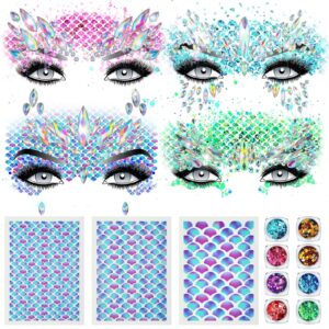 jutom 21 pcs halloween mermaid costume for women make up kit 4 sheets mermaid scale temporary tattoos stickers 9 sets body face jewels 8 bottles holographic face gems glitter for festival rave party