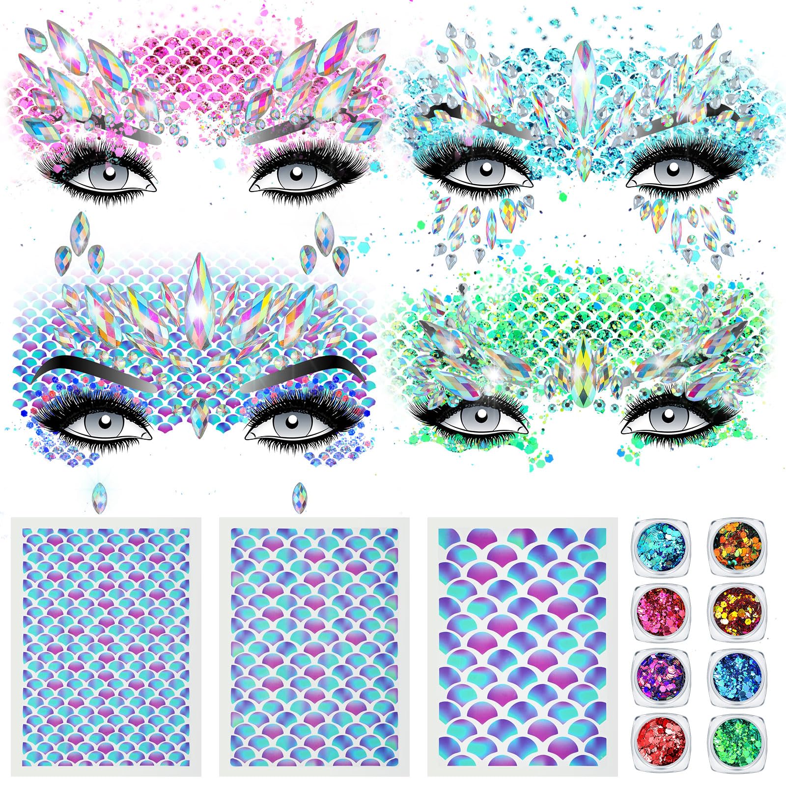 Jutom 21 Pcs Halloween Mermaid Costume for Women Make up Kit 4 Sheets Mermaid Scale Temporary Tattoos Stickers 9 Sets Body Face Jewels 8 Bottles Holographic Face Gems Glitter for Festival Rave Party