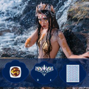 Jutom 21 Pcs Halloween Mermaid Costume for Women Make up Kit 4 Sheets Mermaid Scale Temporary Tattoos Stickers 9 Sets Body Face Jewels 8 Bottles Holographic Face Gems Glitter for Festival Rave Party