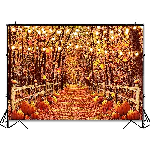 Avezano Fall Backdrops for Photography Autumn Maple Leaves Forest Path Photo Background Thanksgiving Holiday Portrait Photoshoot Backdrop Rustic Yellow Natural Harvest Pumpkin Banner (7x5ft)