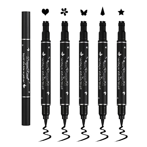 QIUFSSE 5Pcs Double-headed Liquid Eyeliner Stamp Pencil Set,Winged Eyeliner Stamp Pen Women Black Long-lasting delineador de ojos,(Heart/Flower/Star/Butterfly/Cone) Shape Eye Liner Stamp