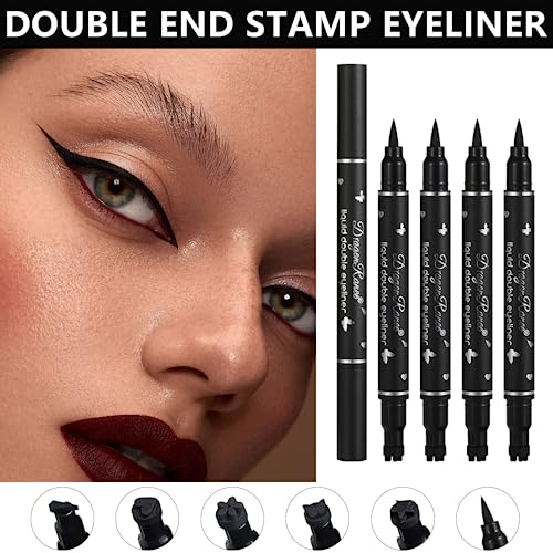 QIUFSSE 5Pcs Double-headed Liquid Eyeliner Stamp Pencil Set,Winged Eyeliner Stamp Pen Women Black Long-lasting delineador de ojos,(Heart/Flower/Star/Butterfly/Cone) Shape Eye Liner Stamp