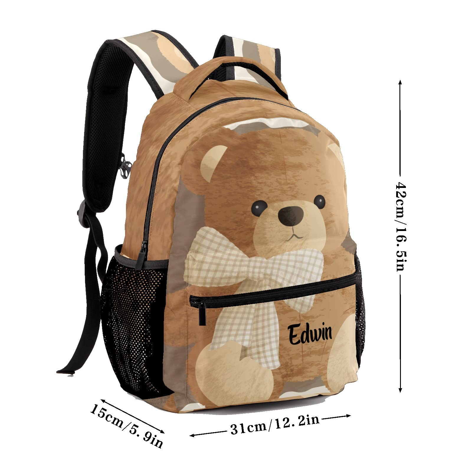 NZOOHY Brown Teddy Bear Bow Personalized Kids School Backpack Custom Name for Boys Girls Primary Daypack Bookbag Travel Bag