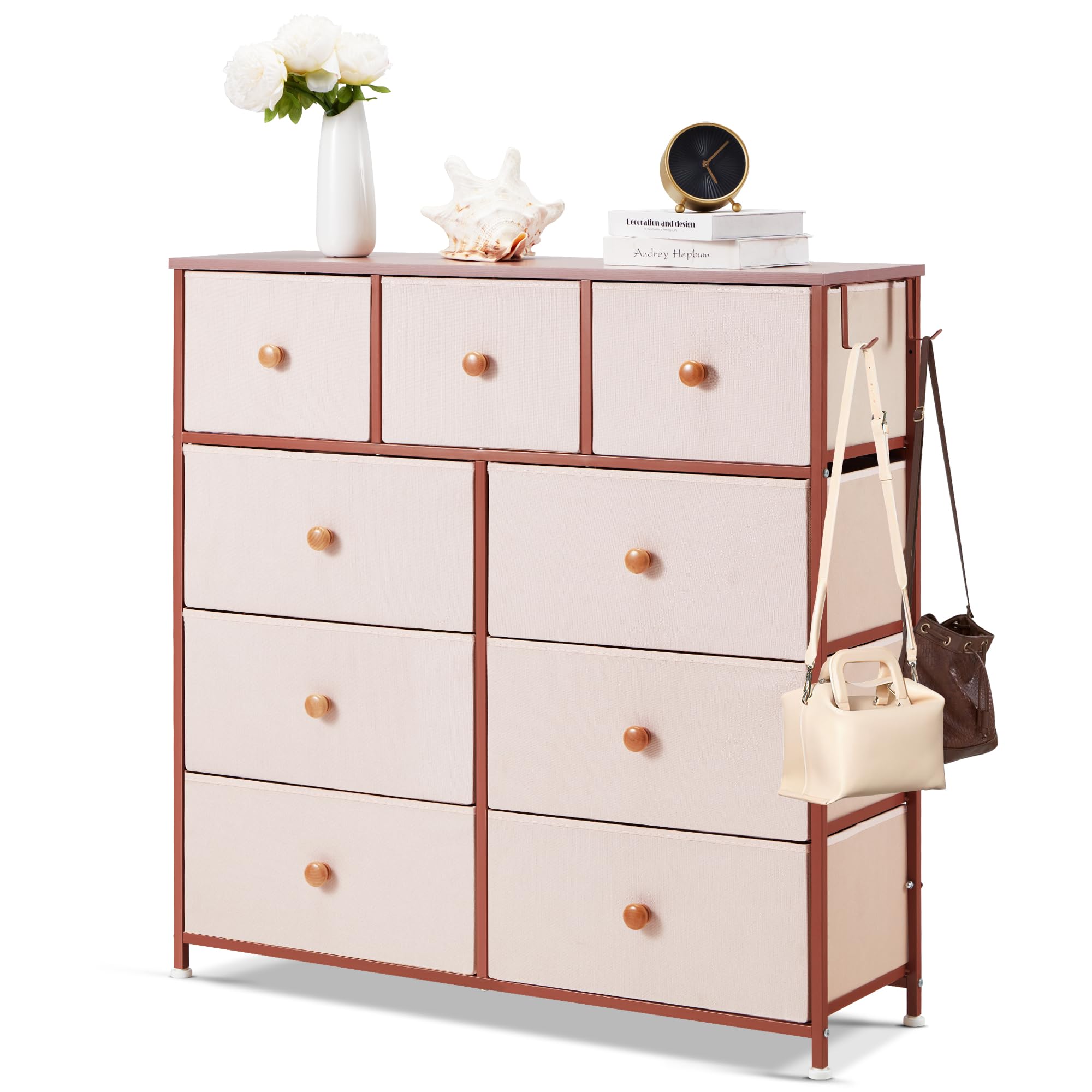 Sapodilla Pink 9 Drawers Dresser for Girls Bedroom,Chest of Drawers with Metal Frame Side Hook Wood Top,Large Capacity Closet Dresser in Living Room Hallway Storage Room (Pink, 9 Drawers)