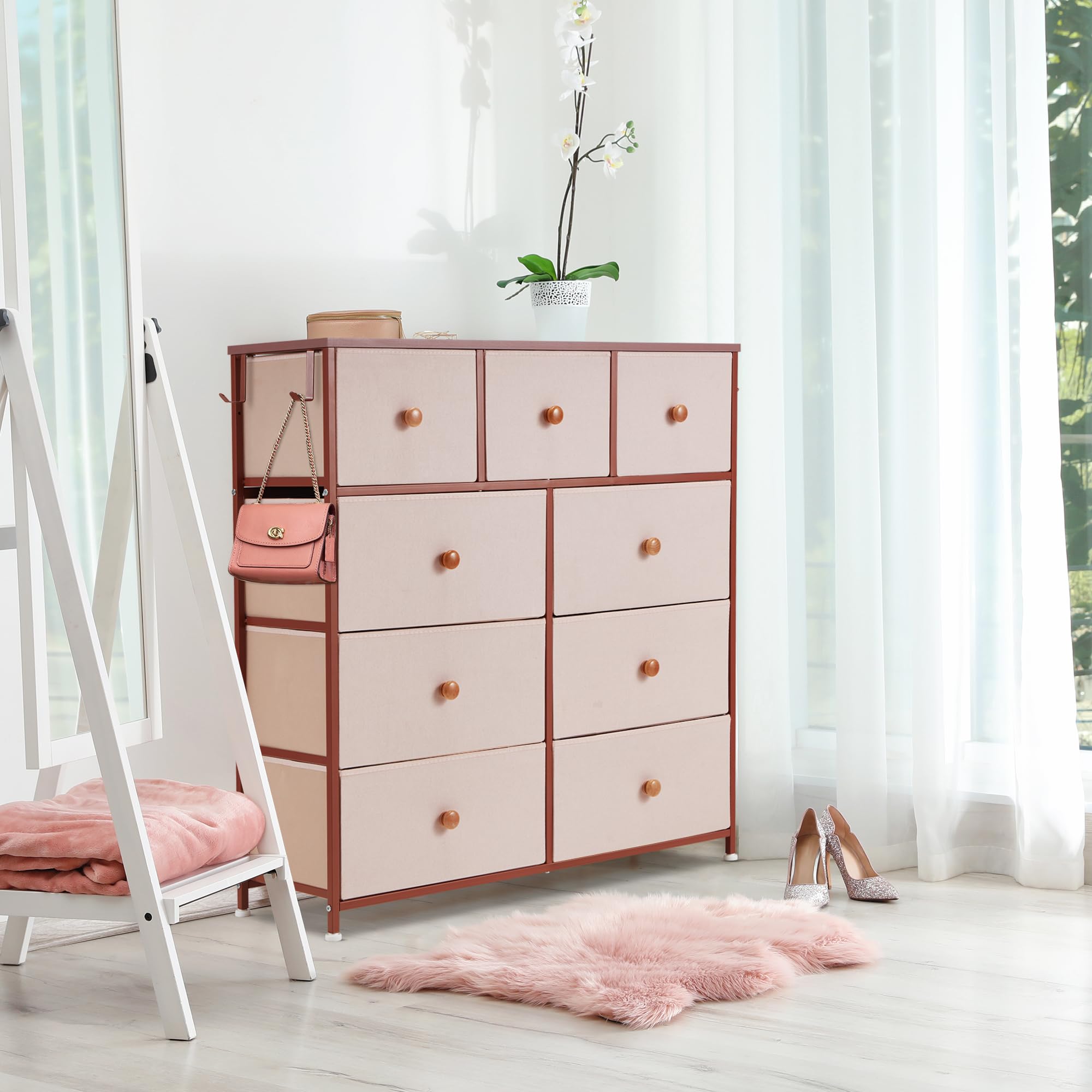 Sapodilla Pink 9 Drawers Dresser for Girls Bedroom,Chest of Drawers with Metal Frame Side Hook Wood Top,Large Capacity Closet Dresser in Living Room Hallway Storage Room (Pink, 9 Drawers)