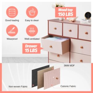 Sapodilla Pink 9 Drawers Dresser for Girls Bedroom,Chest of Drawers with Metal Frame Side Hook Wood Top,Large Capacity Closet Dresser in Living Room Hallway Storage Room (Pink, 9 Drawers)