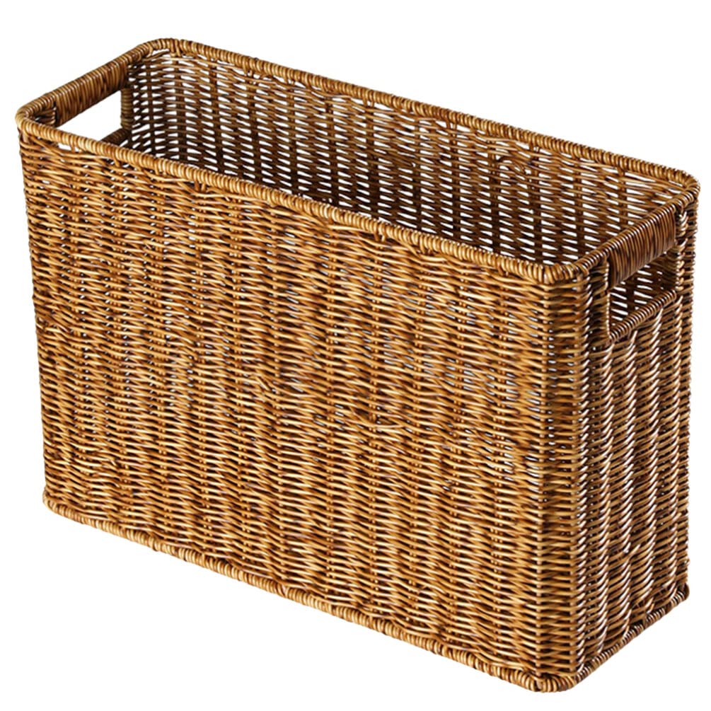 Alipis Magazine Wicker Basket, Plastic Rectangular Basket Bins Woven Files Holder Rattan Basket Bin Books Organizer Case Farmhouse Standing Rack For Shelf Home Office Coffee