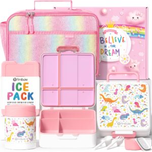 fimibuke kids bento snack lunch box with 4 compartment, insulated lunch bag, stainless steel vacuum thermos food jar, ice pack, utensils set, birthday gift for age 3-12 back to school toddler girl boy