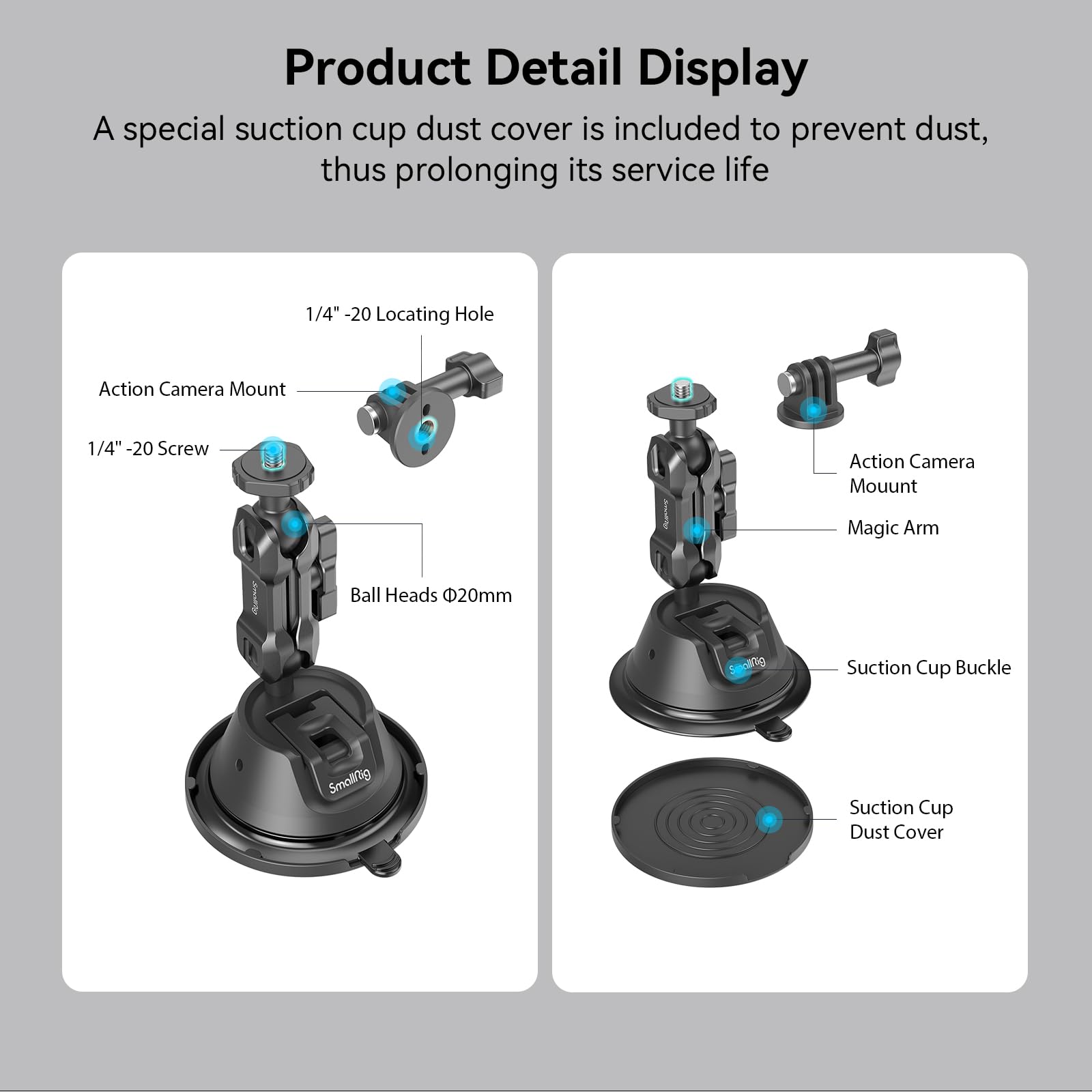 SMALLRIG Double-Layer Suction Cup Mount for GoPro Hero 11/10 / 9, for DJI Osmo Action/Procket, for Insta360 X3, Double Ball Head Support 360° Rotation, Mount on Car Windshield or Window SC-1K - 4193