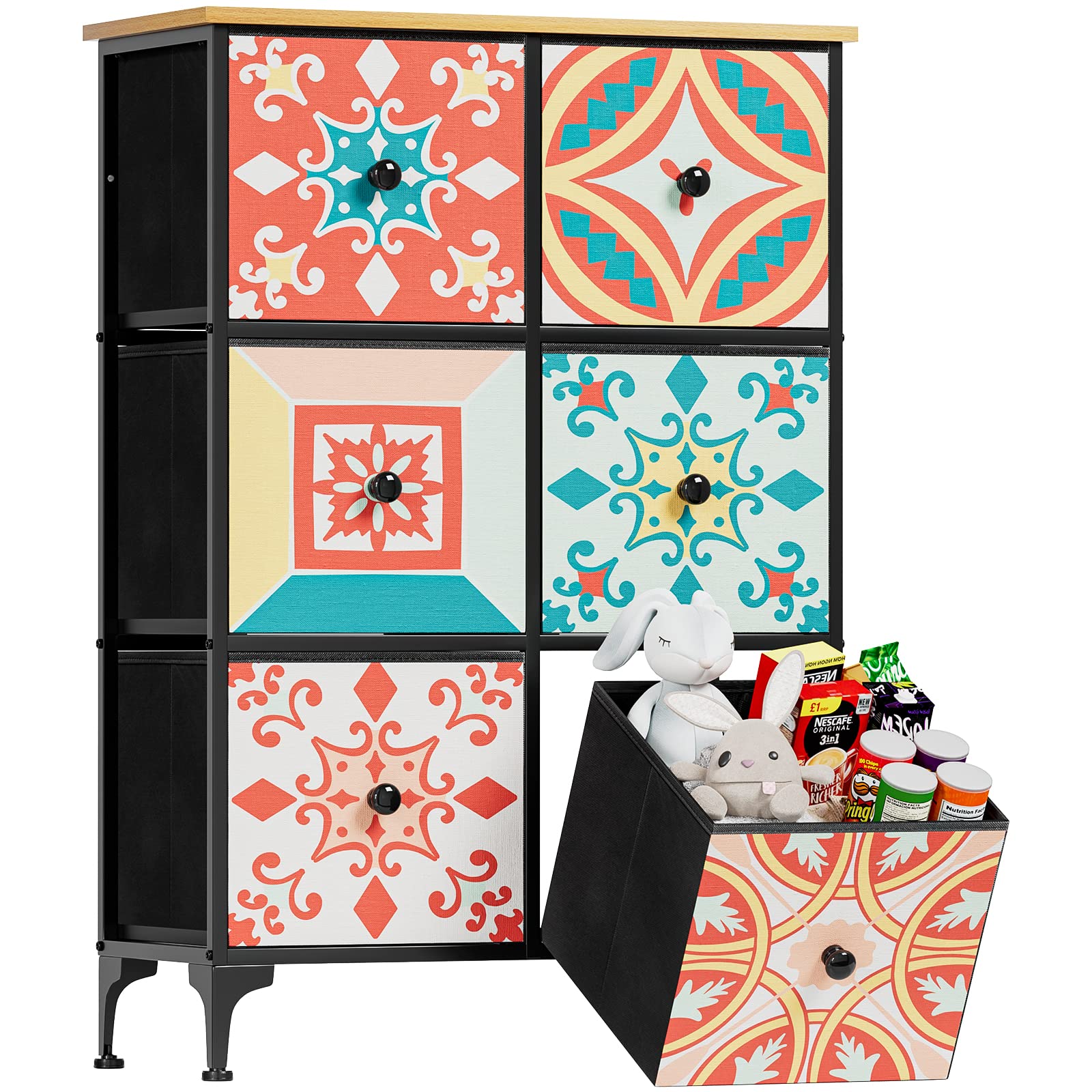 YILQQPER Dresser for Bedroom 8 Drawer Dressers & Chests of Drawers Tall Dresser Organizer Fabric Storage, Closet and Nursery Kids and Adult, Fabric Bins, Wood Top, Boho Colorful Painted