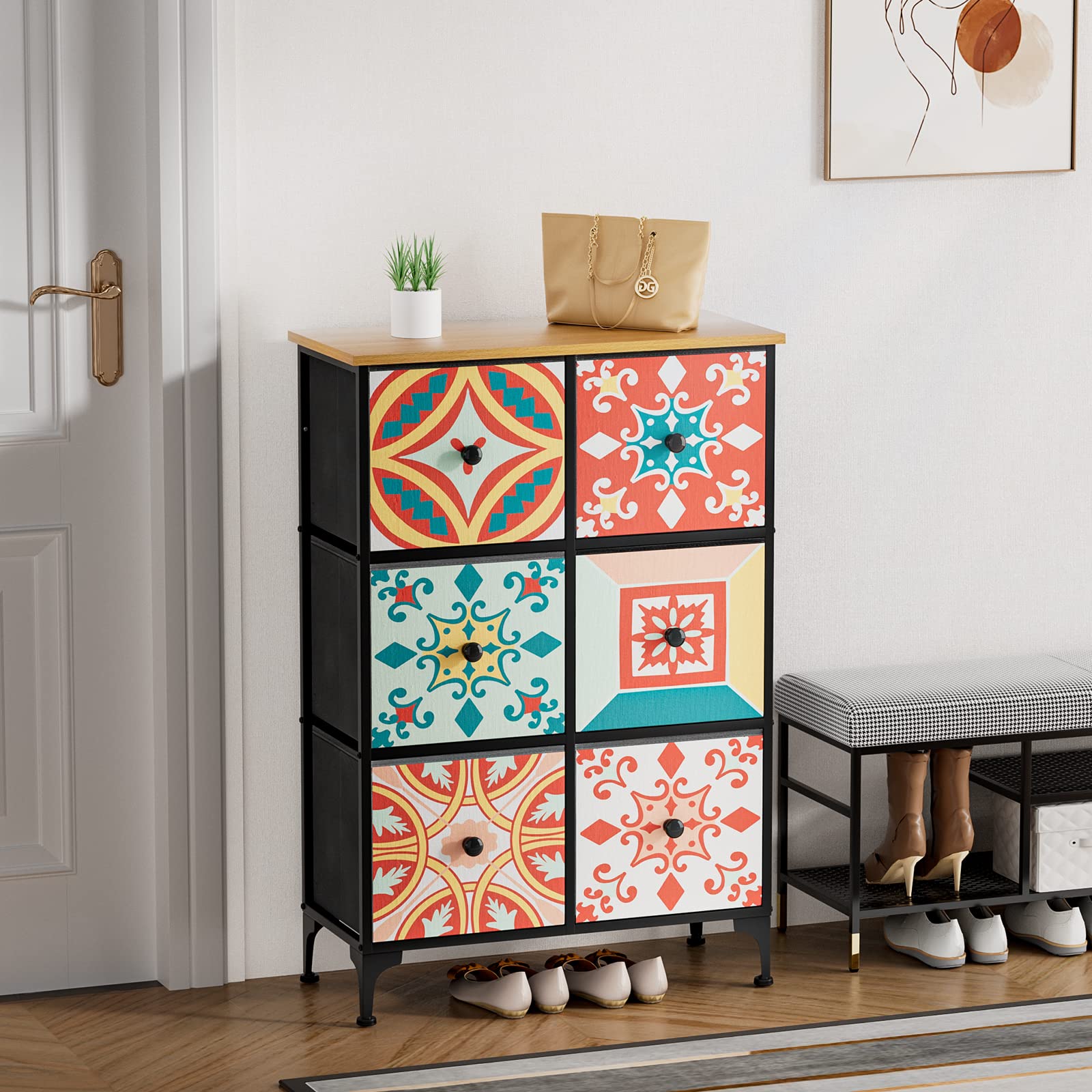 YILQQPER Dresser for Bedroom 8 Drawer Dressers & Chests of Drawers Tall Dresser Organizer Fabric Storage, Closet and Nursery Kids and Adult, Fabric Bins, Wood Top, Boho Colorful Painted