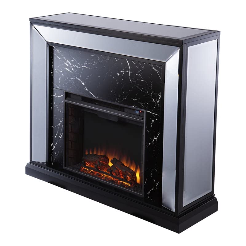 BOWERY HILL Trandling Mirrored Faux Marble Wood Fireplace in Black/Silver