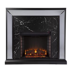 BOWERY HILL Trandling Mirrored Faux Marble Wood Fireplace in Black/Silver