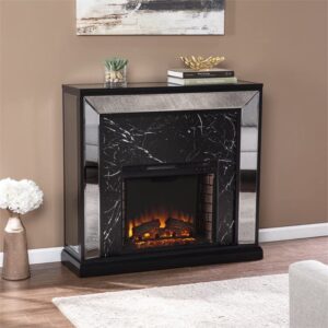 BOWERY HILL Trandling Mirrored Faux Marble Wood Fireplace in Black/Silver