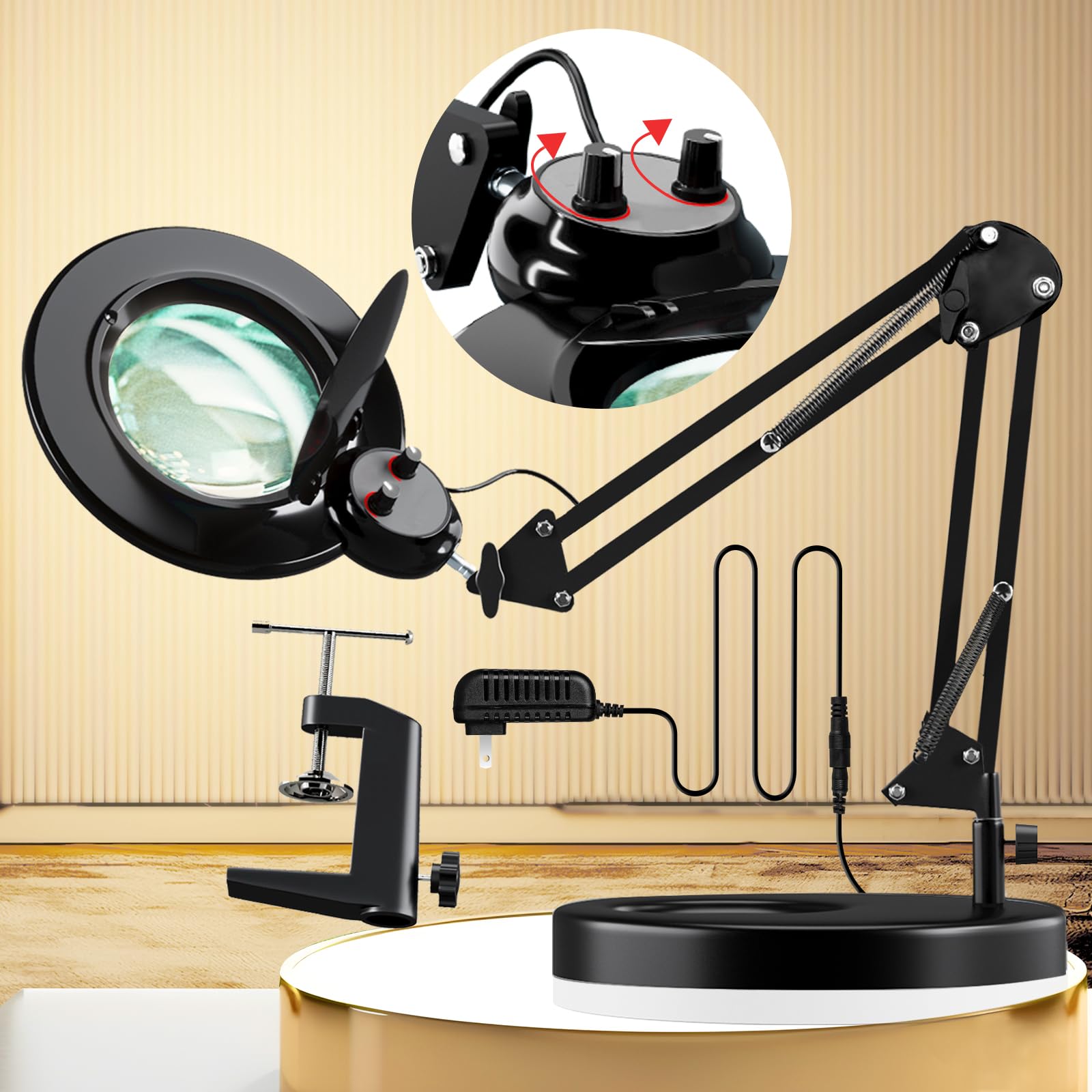 HITTI 【Upgraded Switch】 10X Magnifying Glass with Light, 2200 Lumens 2-1 Desk & Clamp Magnifying Lamp, Stepless Color and Brightness, Hands Free Magnifier Light and Stand for Crafts Workbench-Black