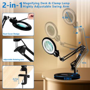 HITTI 【Upgraded Switch】 10X Magnifying Glass with Light, 2200 Lumens 2-1 Desk & Clamp Magnifying Lamp, Stepless Color and Brightness, Hands Free Magnifier Light and Stand for Crafts Workbench-Black