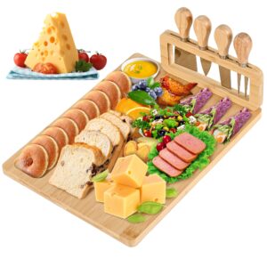 lexda bamboo cheese board and knife set - 14” x 11” large charcuterie boards set, cheese tray platter servers with clasp knife holder, gift for anniversary, housewarming, christmas, thanksgiving