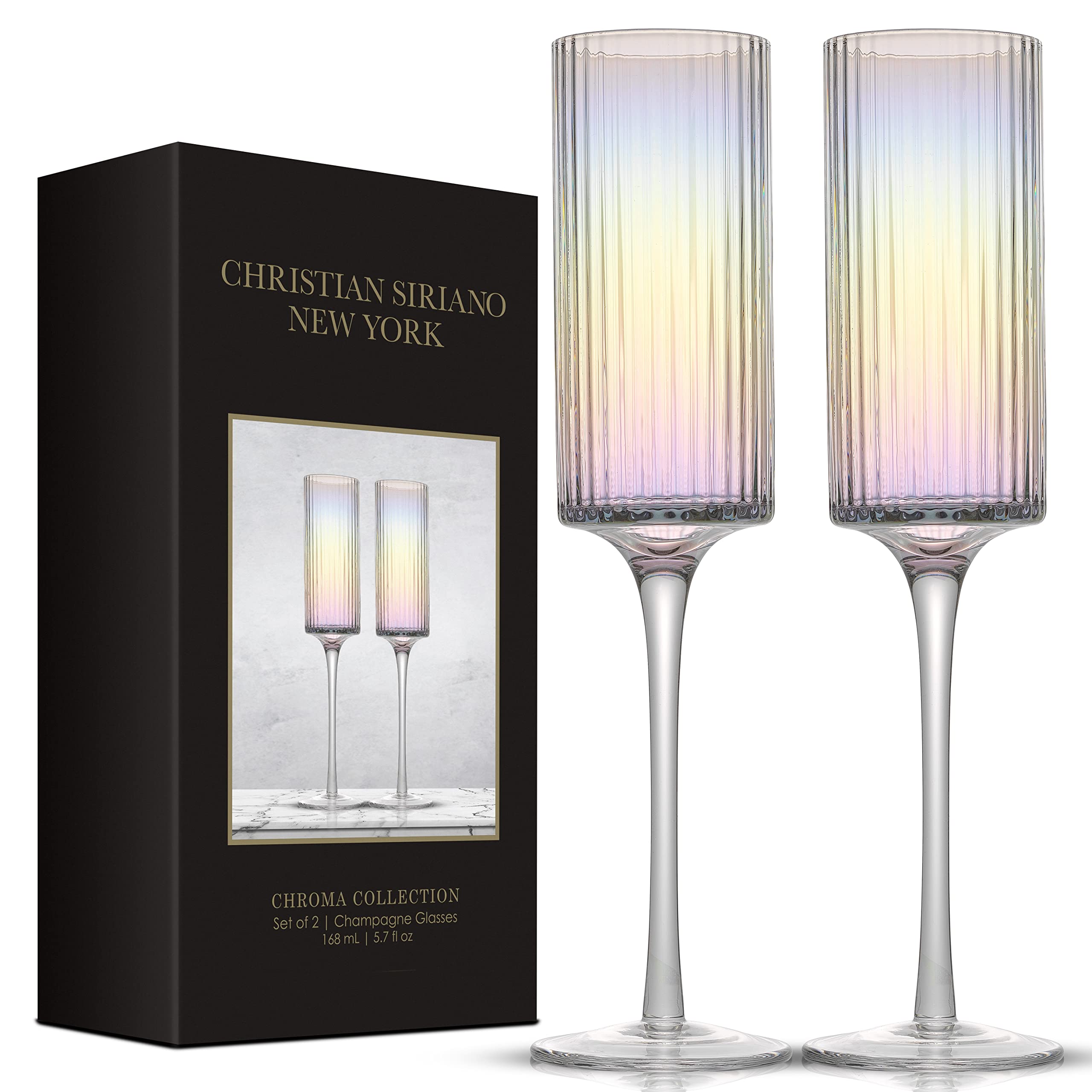 Fluted Iridescent Champagne Flutes – Christian Siriano Chroma 6oz Champagne Glasses Set Of 2. Unique Champagne Flute, Mimosa Glasses, Cocktail Glasses or Wedding Champagne Flutes.