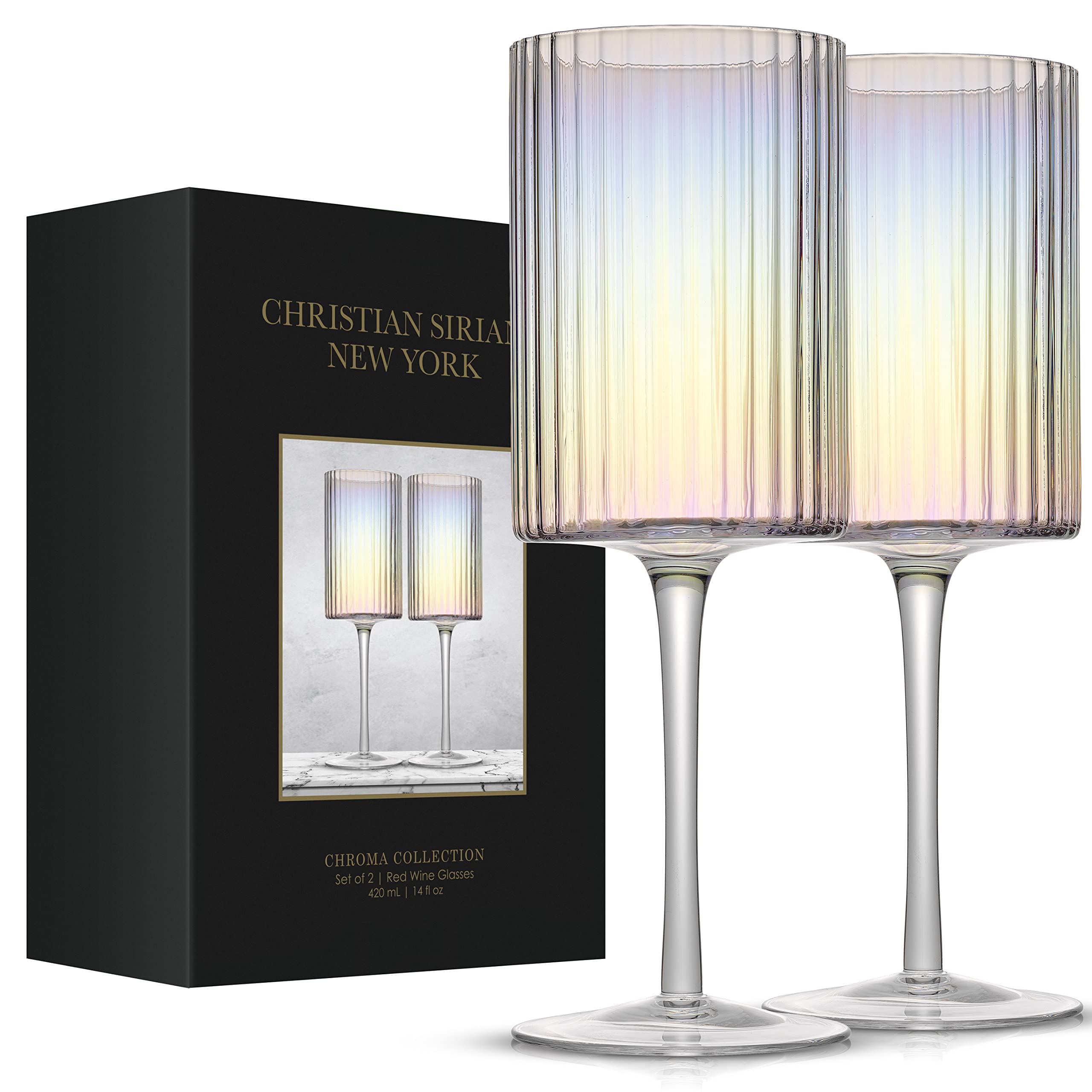 Fluted Iridescent Wine Glasses – Christian Siriano Chroma 17.5oz Red Wine Glasses Set of 2 Big Iridescent Long Stem Wine Glasses. Unique, Colorful Stemmed Red Wine Glass or Cocktail Glasses.