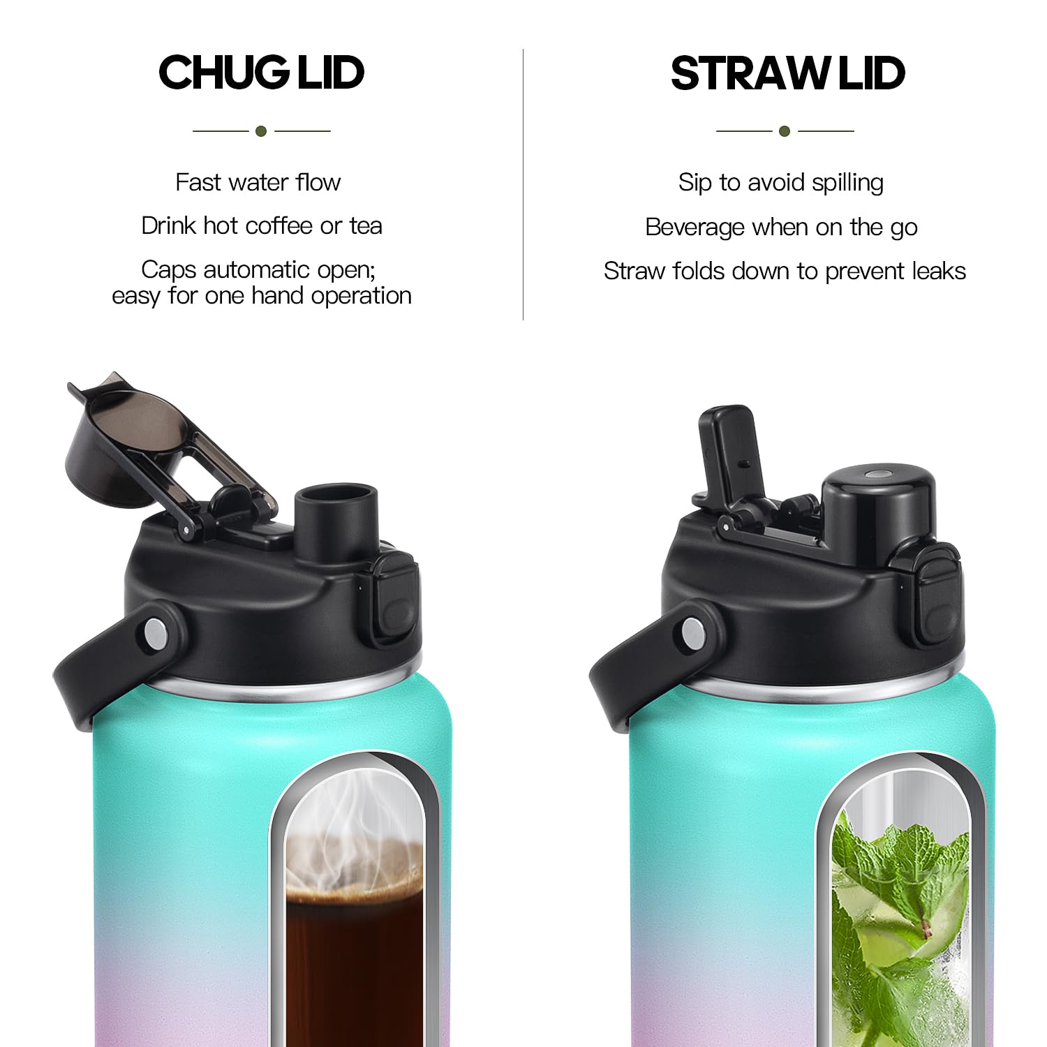 Half Gallon Insulated Water Bottle with 2-in-1 Lid (Chug Lid/Straw Lid), 64oz Double Walled Vacuum Stainless Steel Water Bottles, Water Jug with Straw, Wide Mouth Insulated Thermos