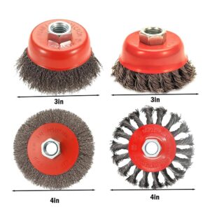 OSFTBVT Wire Wheel Brush for 4-1/2" Angle Grinder 4 Inch Wire Wheel Set 3 Inch Wire Cup Brushs 5/8"-11 Threads Arbor - 4pcs