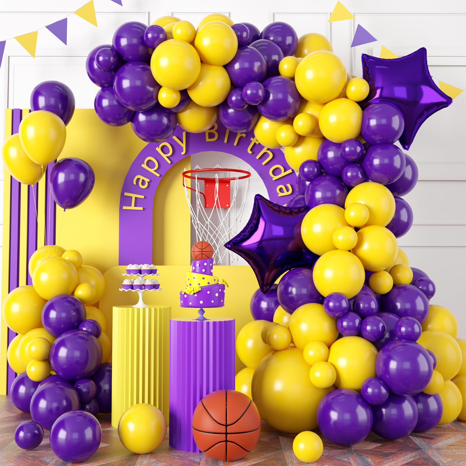 GREMAG Purple and Yellow Balloons, 113 Pcs Dark Purple Yellow Balloon Garland Kit, with Two 18inch Purple Star Foil Balloon, for Basketball Sport Theme Party Birthday Boys Anniversary Decorations