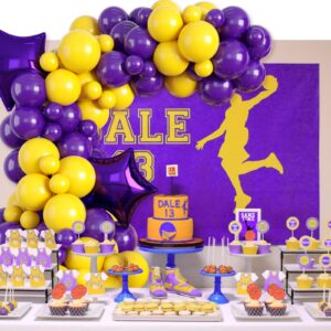 GREMAG Purple and Yellow Balloons, 113 Pcs Dark Purple Yellow Balloon Garland Kit, with Two 18inch Purple Star Foil Balloon, for Basketball Sport Theme Party Birthday Boys Anniversary Decorations