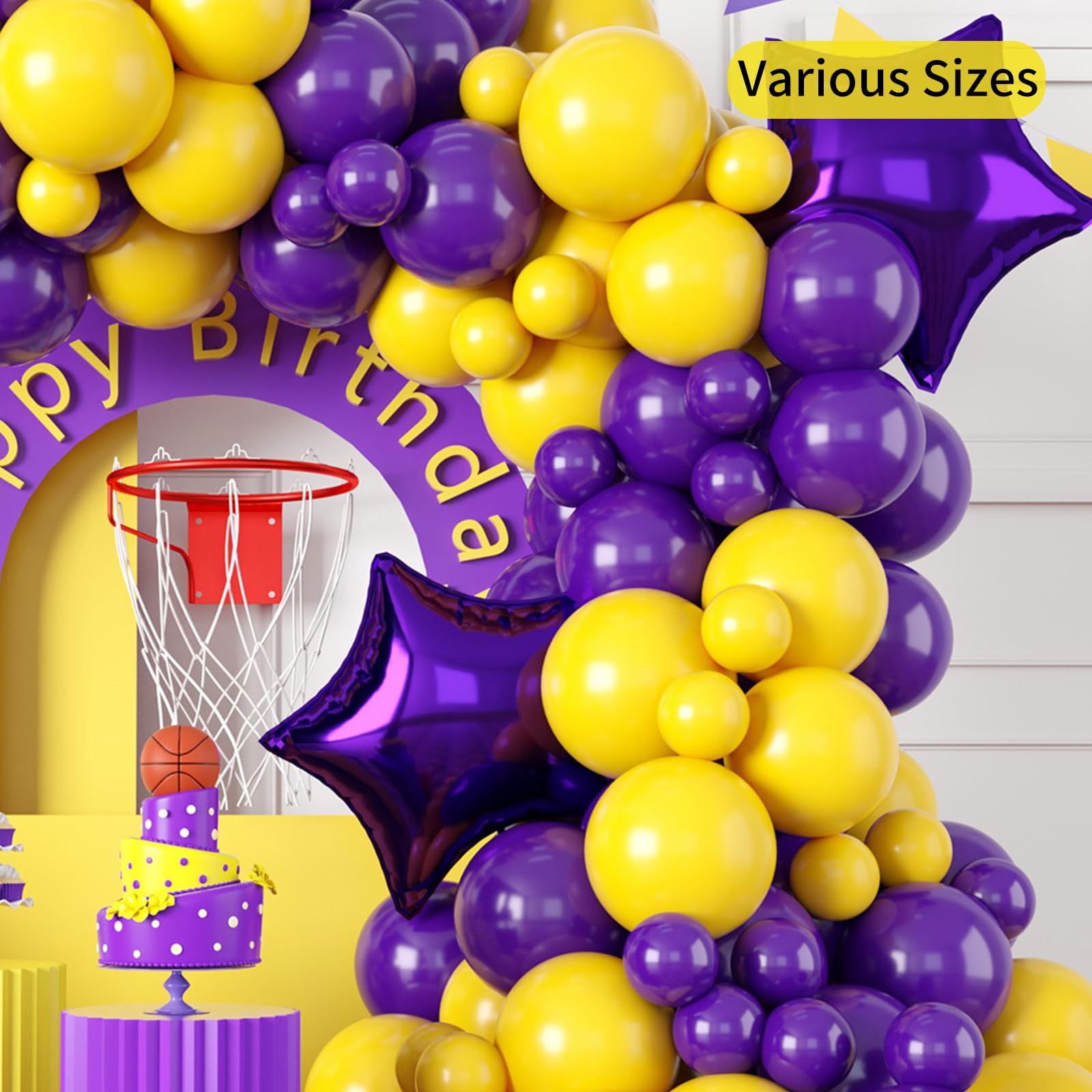 GREMAG Purple and Yellow Balloons, 113 Pcs Dark Purple Yellow Balloon Garland Kit, with Two 18inch Purple Star Foil Balloon, for Basketball Sport Theme Party Birthday Boys Anniversary Decorations