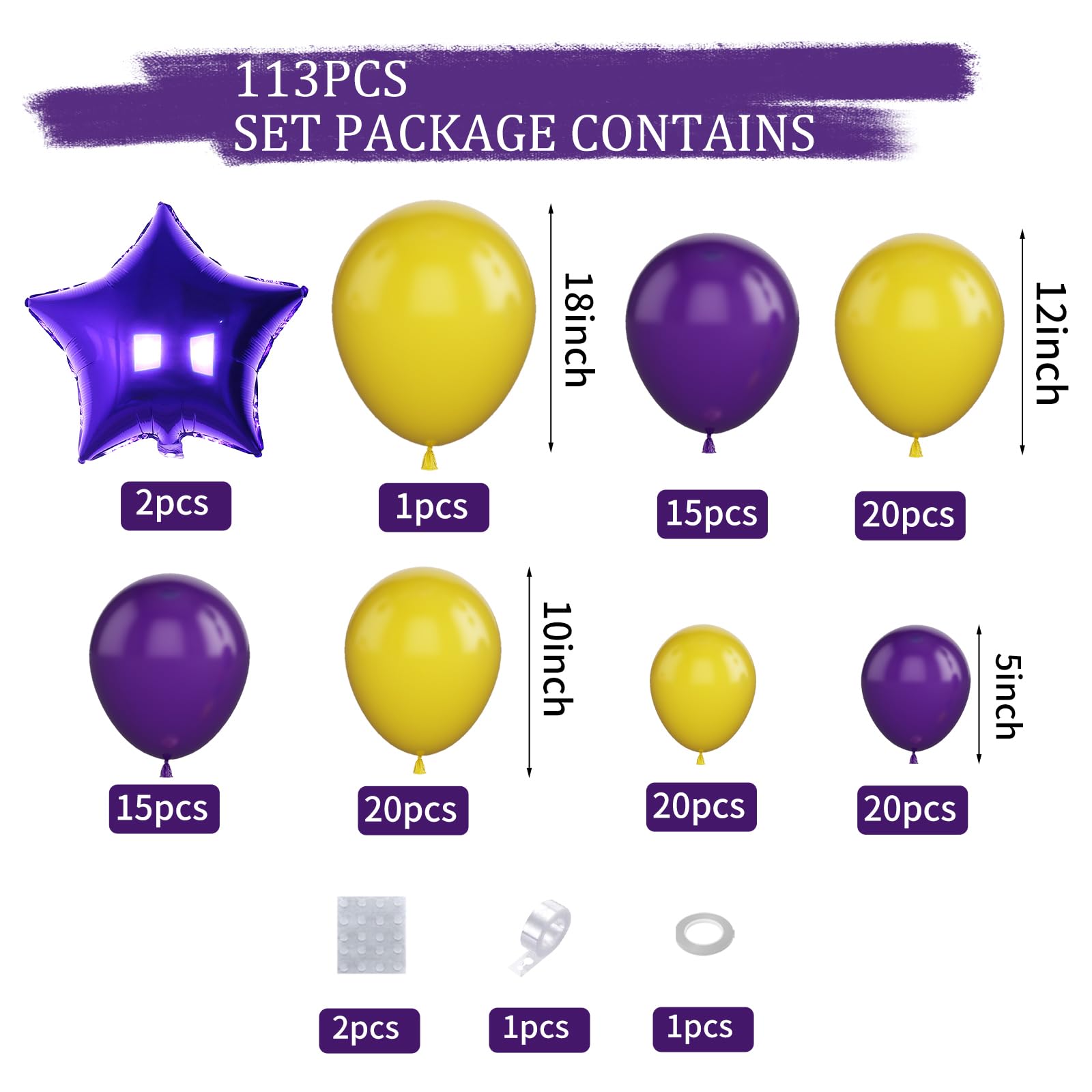 GREMAG Purple and Yellow Balloons, 113 Pcs Dark Purple Yellow Balloon Garland Kit, with Two 18inch Purple Star Foil Balloon, for Basketball Sport Theme Party Birthday Boys Anniversary Decorations