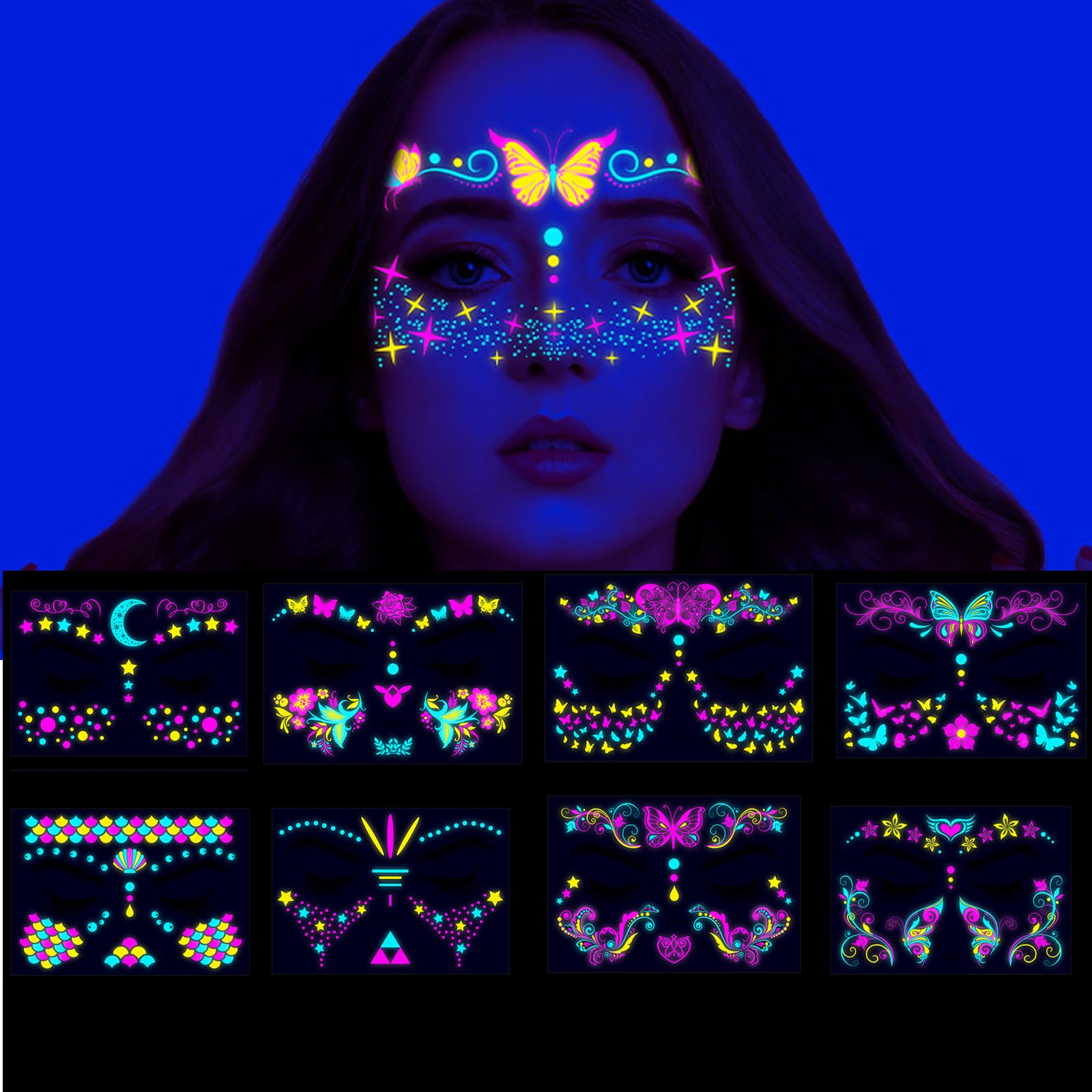 Glow In The Dark Tattoos for Adults, Blacklight Neon Glow Temporary Tattoos Makeup Butterfly Tattoos Stickers for Halloween Glow In The Dark Party Supplies