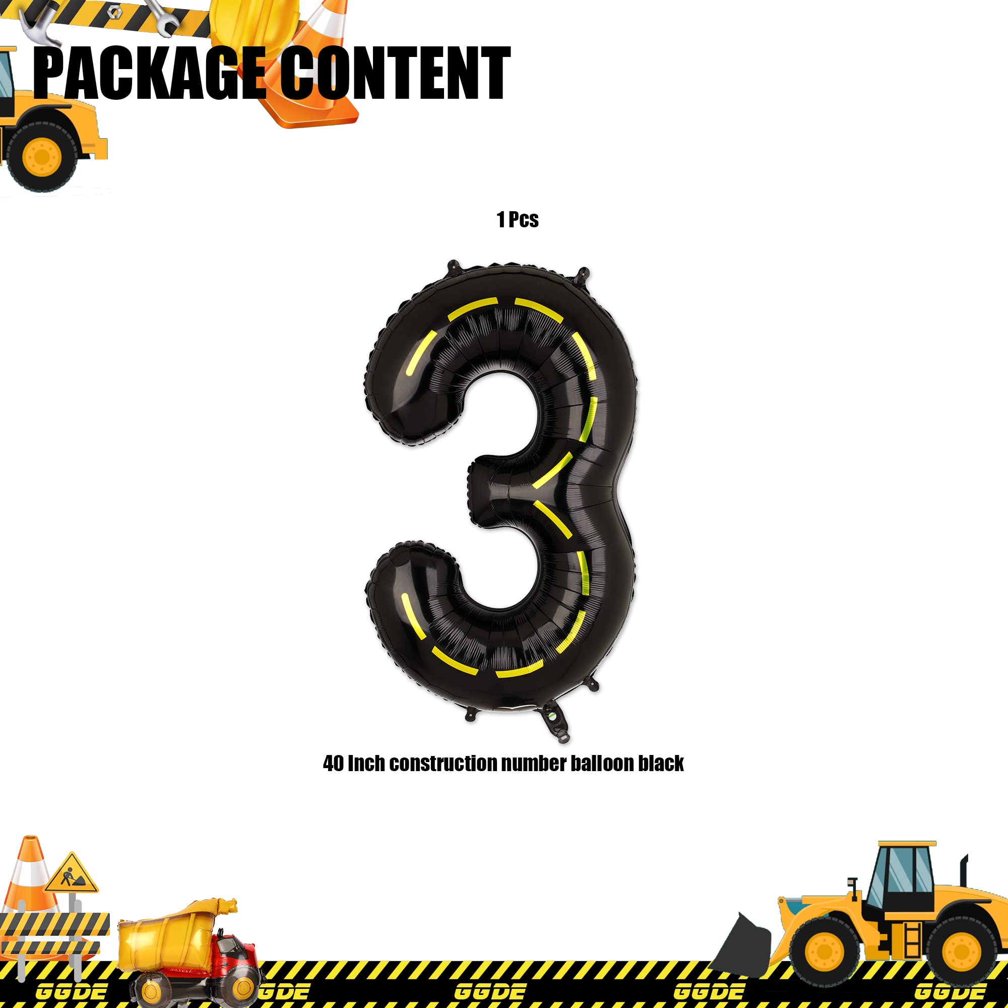 Construction Balloons 40 Inch Construction Number Balloon 3 Black Construction Truck Themed Bulldozer Dump Truck Foil Mylar Balloon Three Years Old Baby 3rd Birthday Party Decor Supplies