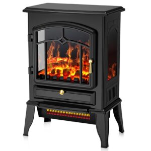 cowsar electric fireplace stove, freestanding fireplace heater with realistic flame, 1000/1500w fireplace heater, overheating safety device, thermostat, adjustable flame brightness