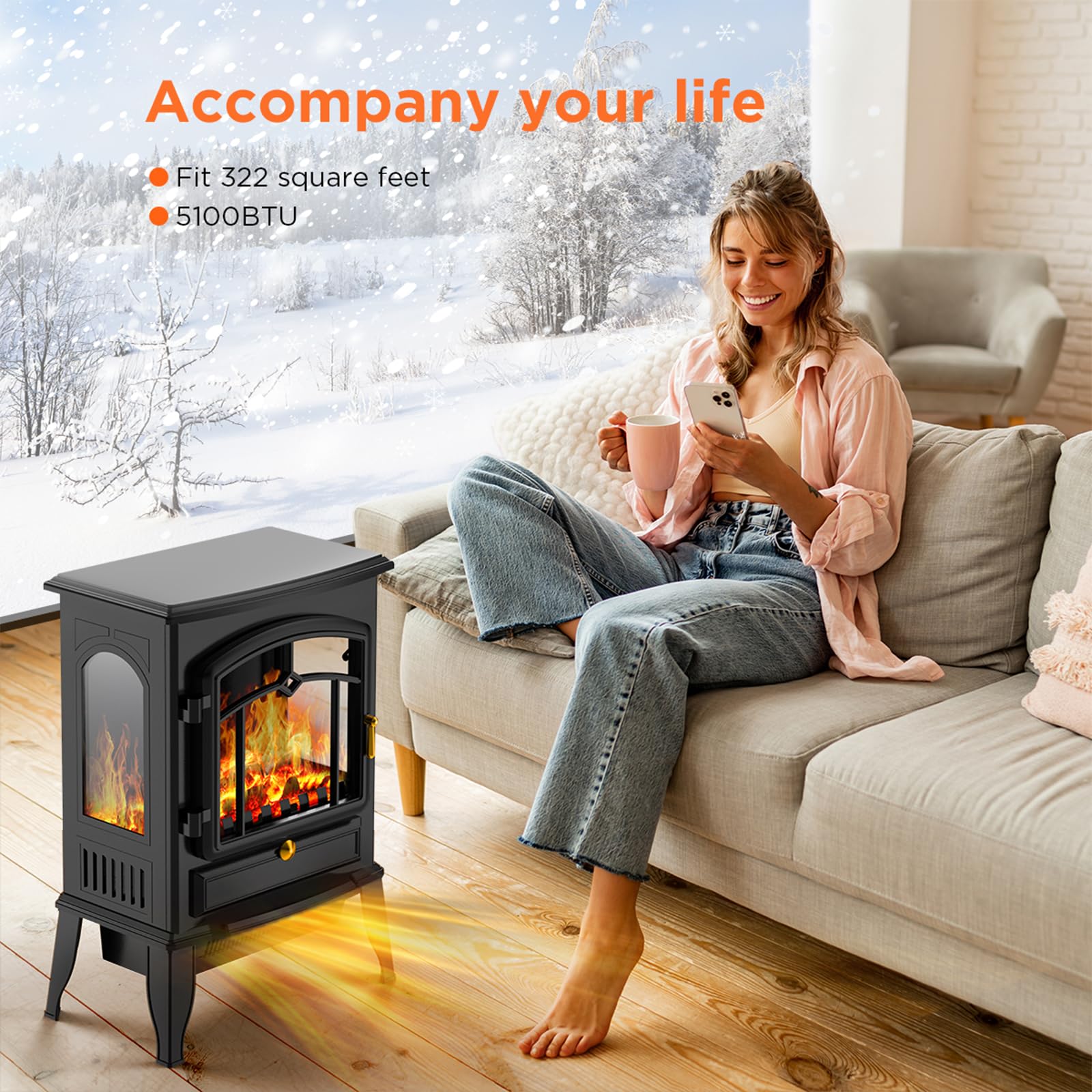 COWSAR Electric Fireplace Stove, Freestanding Fireplace Heater with Realistic Flame, 1000/1500W Fireplace Heater, Overheating Safety Device, Thermostat, Adjustable Flame Brightness