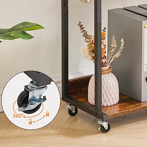 YMYNY Mobile Printer Stand, 3-Tier Printer Cart with Adjustable Storage Shelf and 6 S-Hooks, Tall Printer Table for Home Office, for Computer Tower Stand, Shredder, CPU Stand, Rustic Brown, UHPT002H