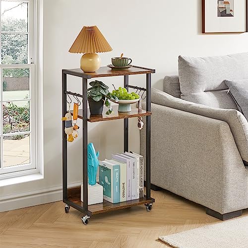 YMYNY Mobile Printer Stand, 3-Tier Printer Cart with Adjustable Storage Shelf and 6 S-Hooks, Tall Printer Table for Home Office, for Computer Tower Stand, Shredder, CPU Stand, Rustic Brown, UHPT002H