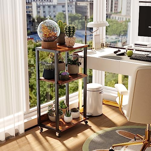 YMYNY Mobile Printer Stand, 3-Tier Printer Cart with Adjustable Storage Shelf and 6 S-Hooks, Tall Printer Table for Home Office, for Computer Tower Stand, Shredder, CPU Stand, Rustic Brown, UHPT002H