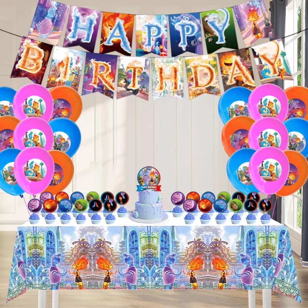 Disney Elemental Birthday Decorations Pixar Movie Theme Party Supplies Ember Lumen and Wade Ripple Party Favors Including Tablecloth Backdrop Cake Topper and Cupcake Banner Balloons