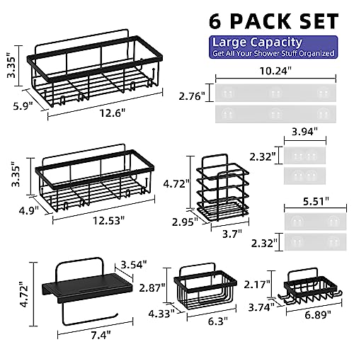 Veluckin Shower Caddy 6 Pack,Toilet Paper Holder,Soap Holder,Toothbrush Holder,No Drilling,13 in Large Capacity,Adhesive Shower Organizer for Bathroom Storage&Kitchen(Black)