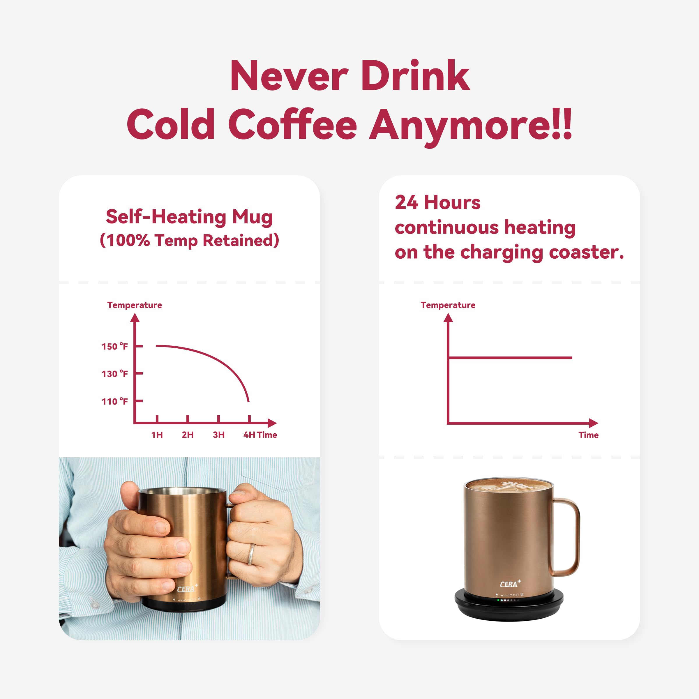 CERA+ Temperature Controlled Smart Mug 2, Self-Heating Coffee Mug with Lid, 90 Minutes Battery Life, APP or Manual Control, Gift-Packing(Brown - 14 oz)