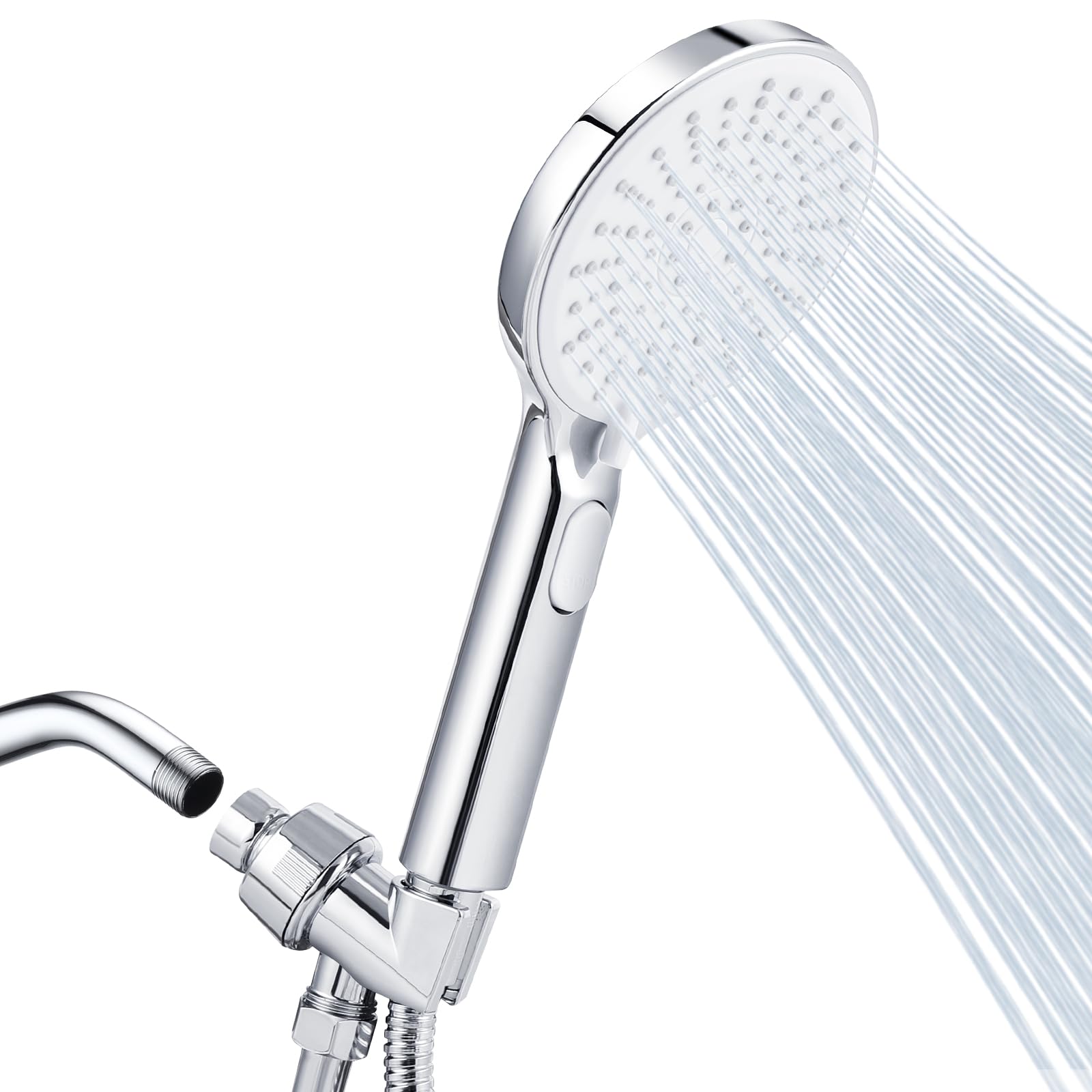 High Pressure 5-Setting Handheld Shower Head Set with 6.5ft Hose,Water-Stop Button, Bracket,Built-in Power Wash, Powerful Shower Spray against Low Pressure Water Supply Pipeline, Chrome